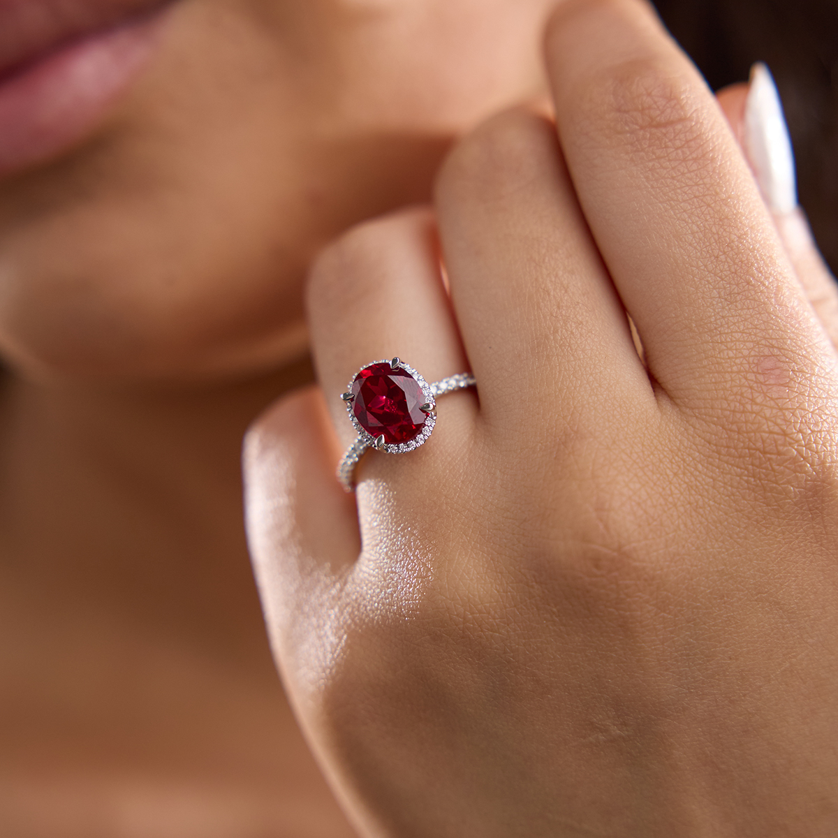 10x8mm Oval Cut Created Ruby and 2/5 ctw Lab Grown Diamond Halo ...