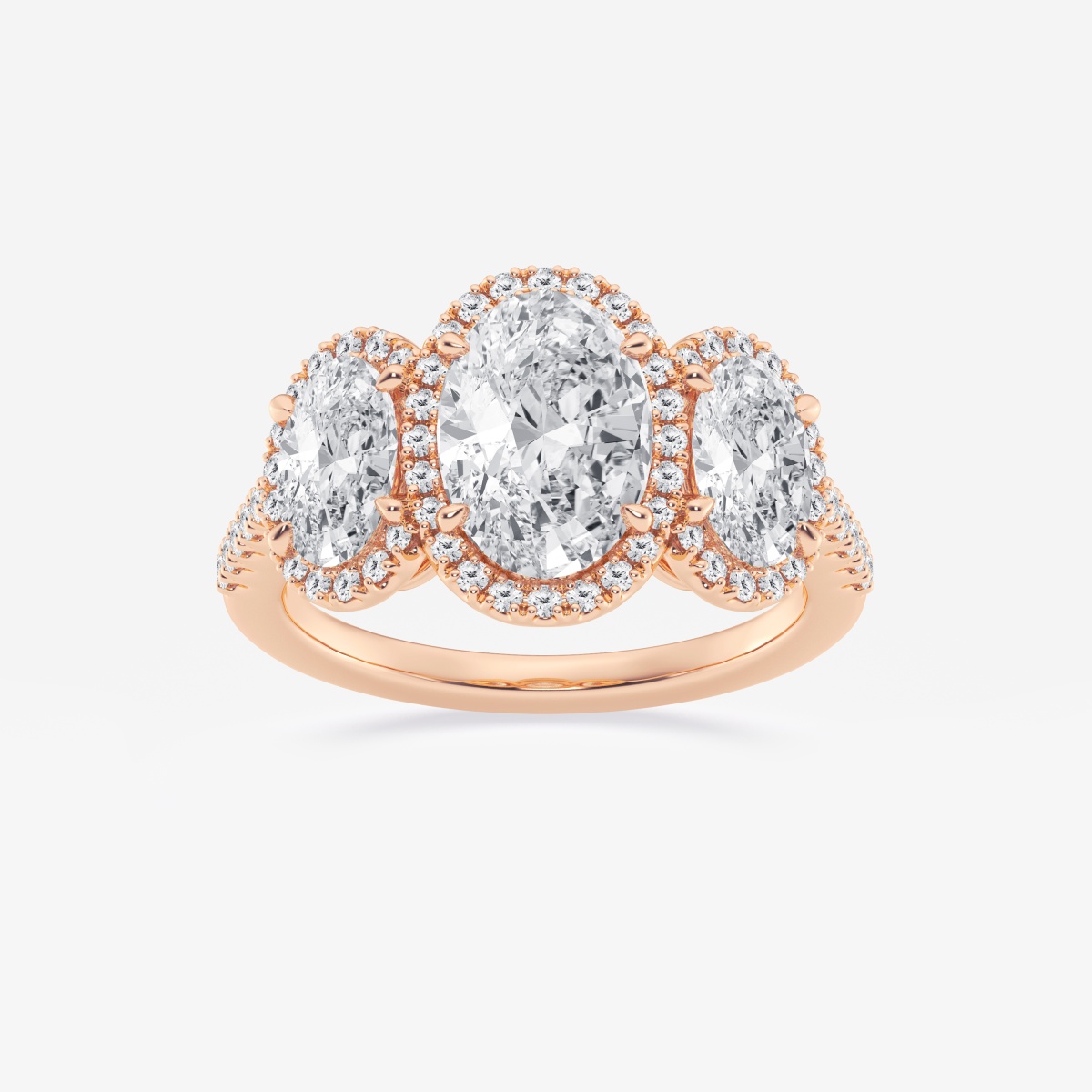 3 3/4 ctw Oval Lab Grown Diamond Three Stone Halo Engagement Ring - Grownbrilliance