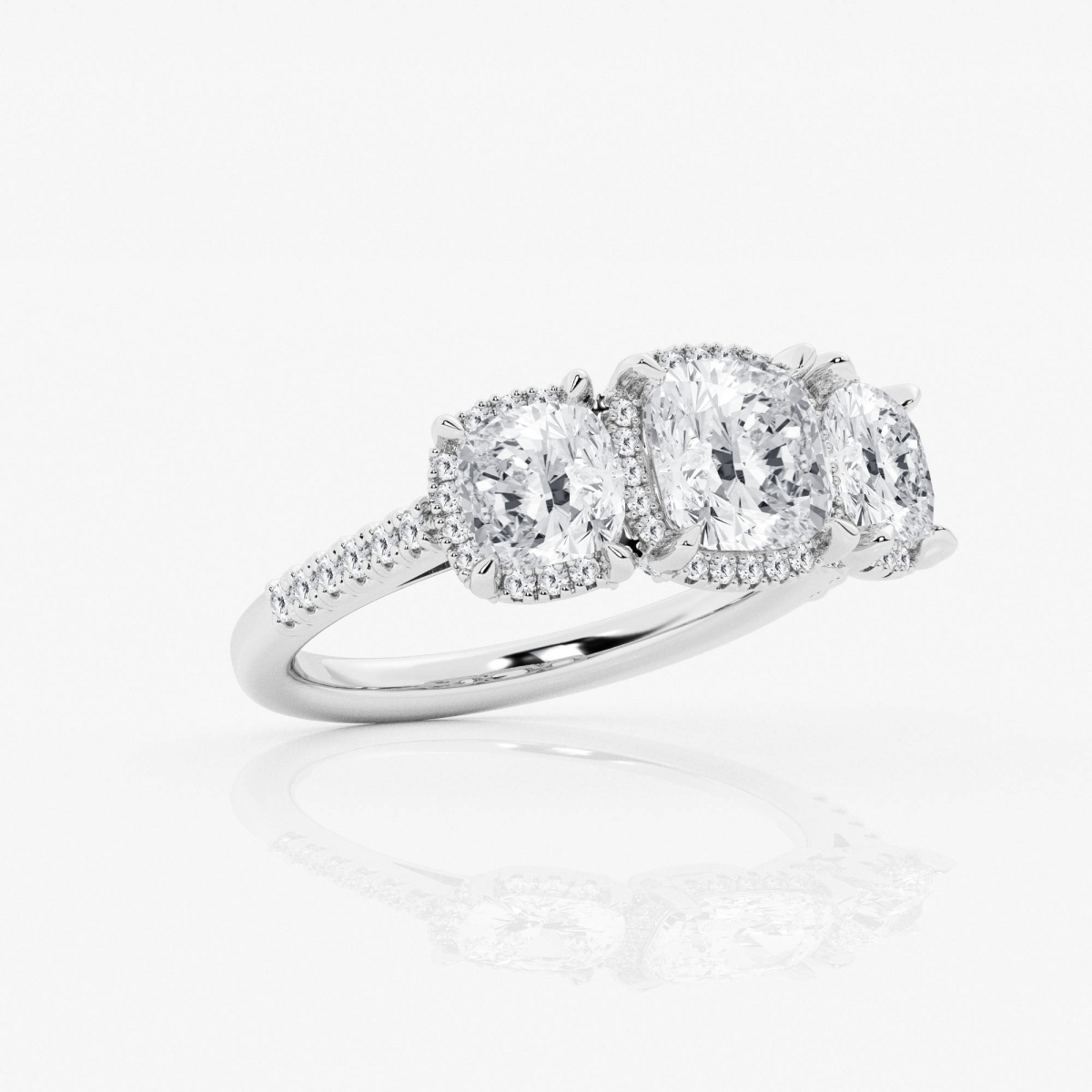 2 7/8 ctw Cushion Lab Grown Diamond Shadow Halo Three Stone Engagement ...