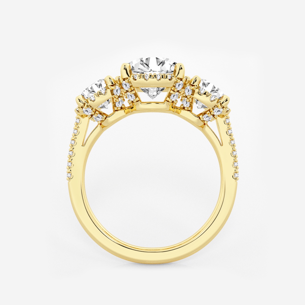 3 7/8 ctw Round Lab Grown Diamond Shadow Halo Three Stone Engagement ...