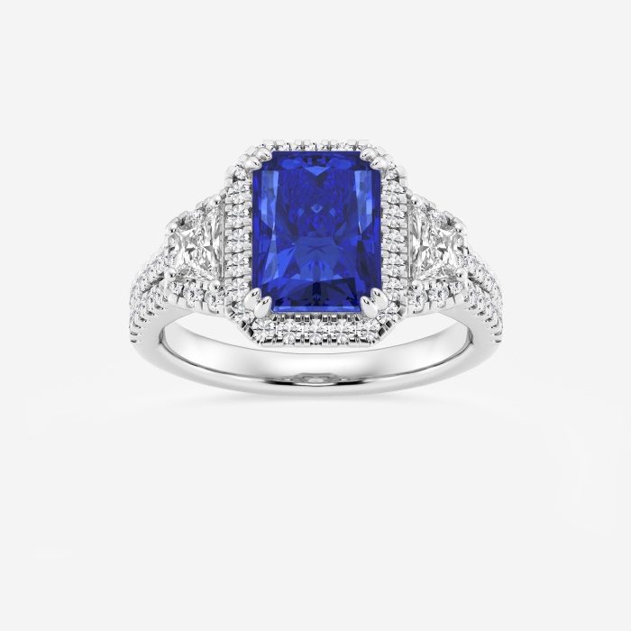 9X7 mm Radiant Cut Created Sapphire and 3/4 ctw Round and Trapezoid Lab ...