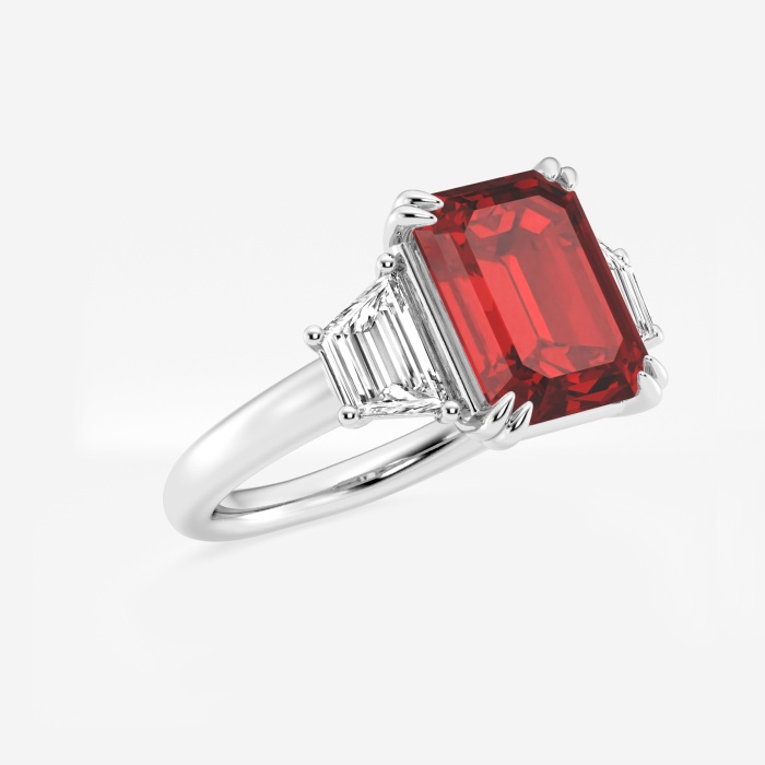 11x9mm Emerald Cut Created Ruby and 1 ctw Lab Grown Diamond Three-Stone ...